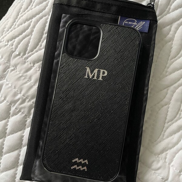 Personalised iPhone 12 Case. Monogrammed Black Saffiano Leather Case ...