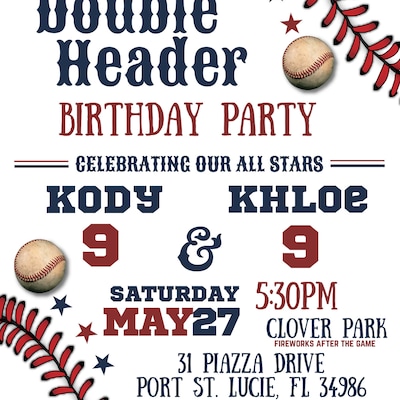 Double Header Baseball Birthday Invitation Editable Digital Invite EASY ...