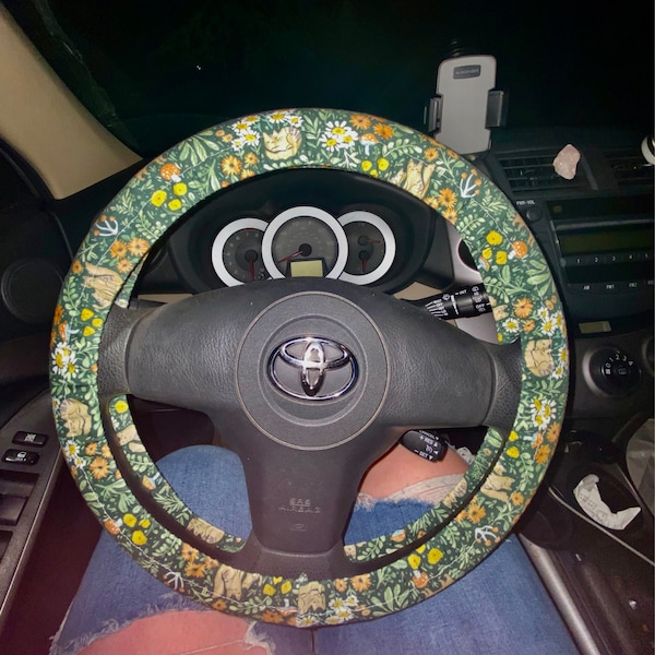 Cats in Floral Woodlands Steering Wheel Cover With Gripper Fabric ...