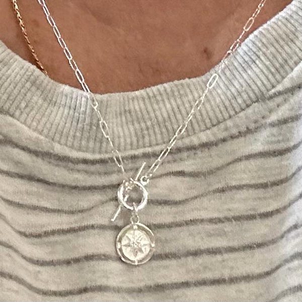 Silver Compass Necklace, Paperclip Chain Necklace With Toggle Closure ...