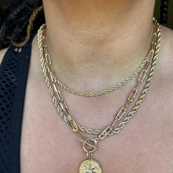 Coin Layered Chain Necklace 18K Gold Filled Necklaces Set Toggle Chain ...