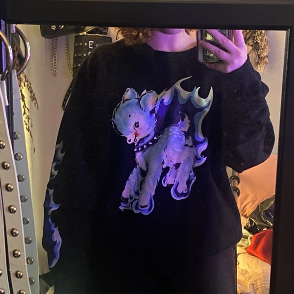Custom Sweater Bambi Flames Punk Designer Sweatshirt Blue Fire Deer ...