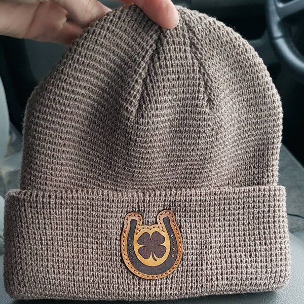Waffle Knit Beanie Custom Leather Patch Hat; Classic Winter Hat ...