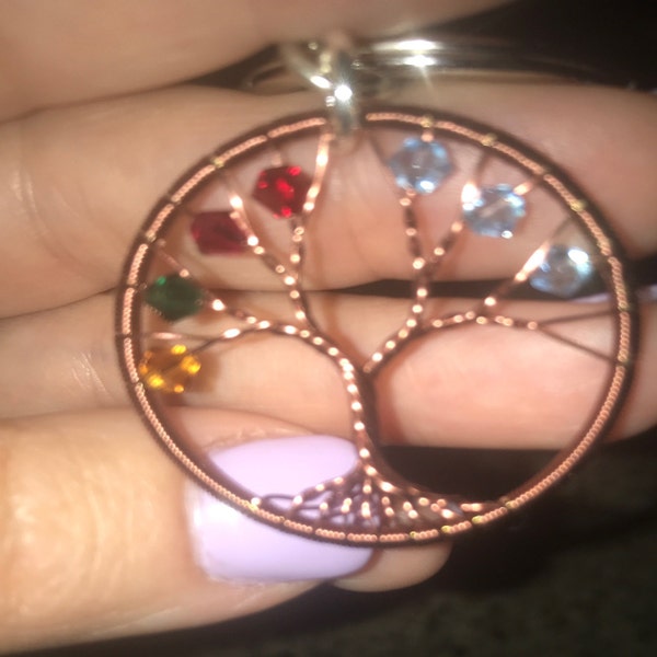 Antique Copper Family Tree Keychain, Family Birthstone Keychain, Tree ...