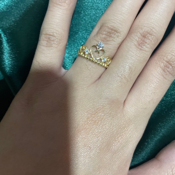 14K Solid Gold Heart Crown Ring, 925 Sterling Silver Heart Crown Ring ...