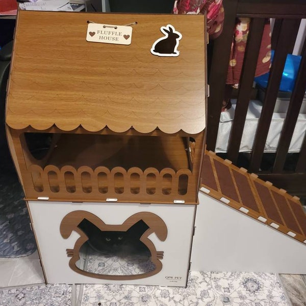 Wooden Rabbit House, Two Storey Rabbit Castle, Hay Feeder Bunny ...