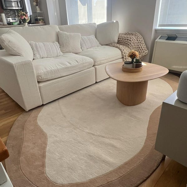 Ivory Beige Color Minimalist Modern Abstract Handmade Textured Woolen ...