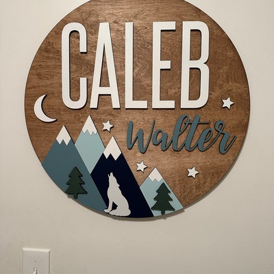 Custom Wooden Mountain Sign Wolf Woodland Theme Outdoor Nursery Room ...