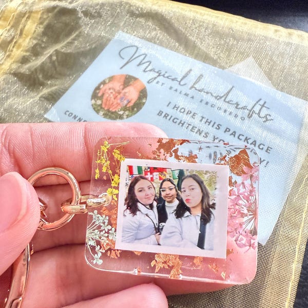 Personalized Photo Gold Keychain -customize W/your Photo, Resin Photo ...