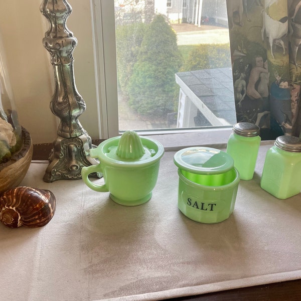 Jadeite GREEN Glass SALT Box CANISTER Lidded Jar Container Depression ...