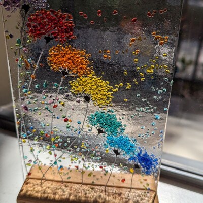 Whimsical Bright Rainbow Flowers Fused Glass Art Picture Sun Catcher & Wooden Display Stand - Etsy