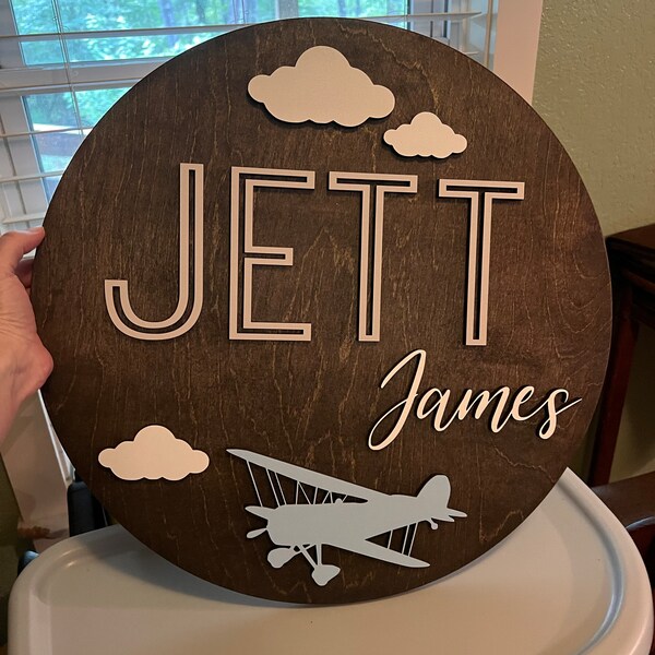 Airplane Nursery Name Sign, Round Name Sign, Airplane Nursery, Boy Name ...