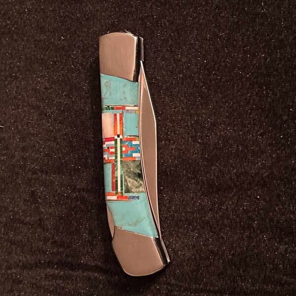 Southwestern Inlay Knife With Leather Sheath - Turquoise Inlay With ...