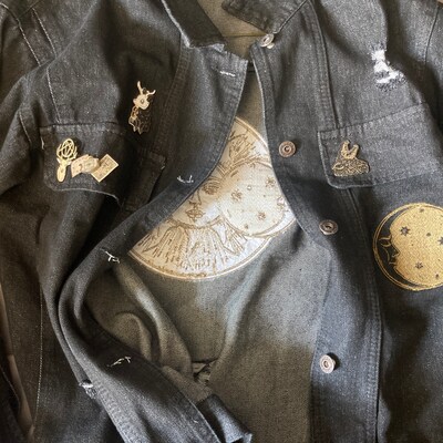 Black Denim Jacket Pagan Celestial Coat Sun Moon Gothic Classic Spooky ...