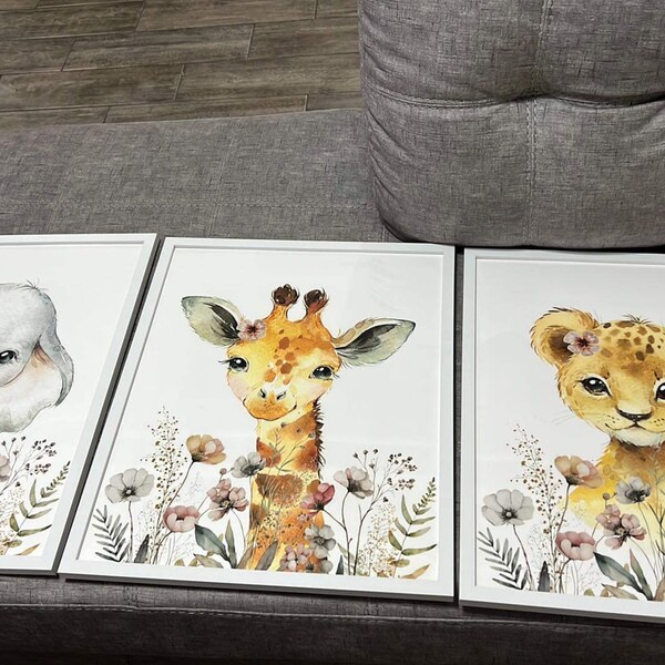 Boho Wildflower Safari Watercolor Prints, Neutral Animal Floral Nursery ...