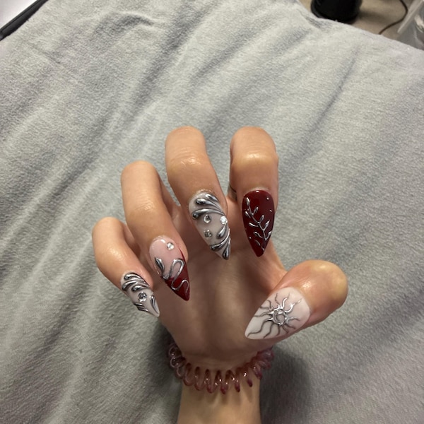 Ancora French Red Nails/sun Star Press on Nails Short Almond Nails ...