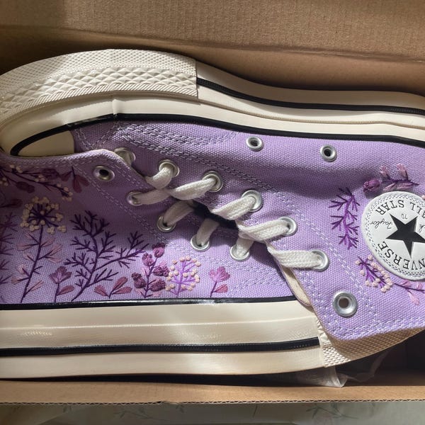 Embroidered Converse Custom, Purple Converse Embroidery Flower, Purple ...