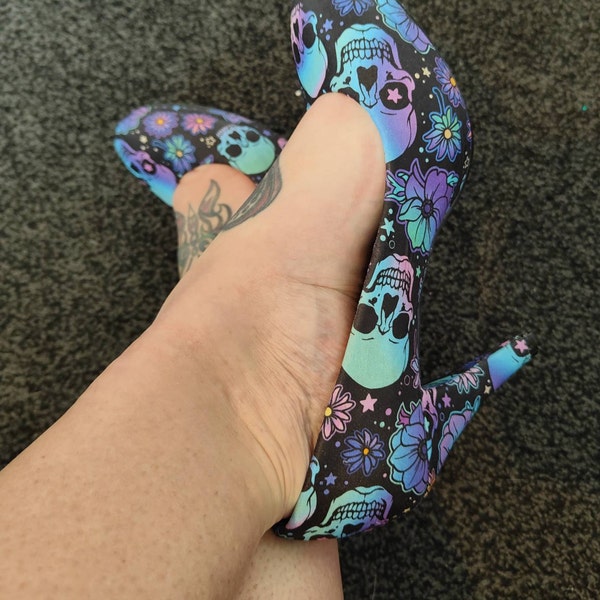 Blue Skulls Heels, Floral Skull Shoes, Gothic High Heels, Women Shoes ...