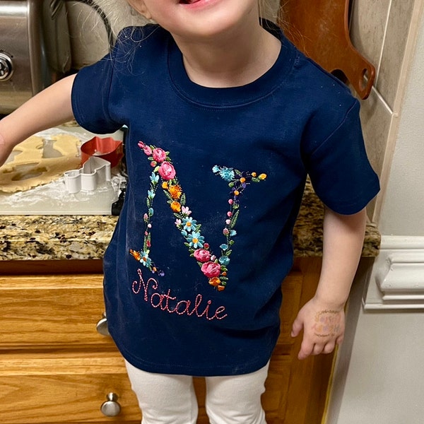 Floral Girl Monogram Shirt / Wildflower Shirt / Flower Embroidery Shirt ...