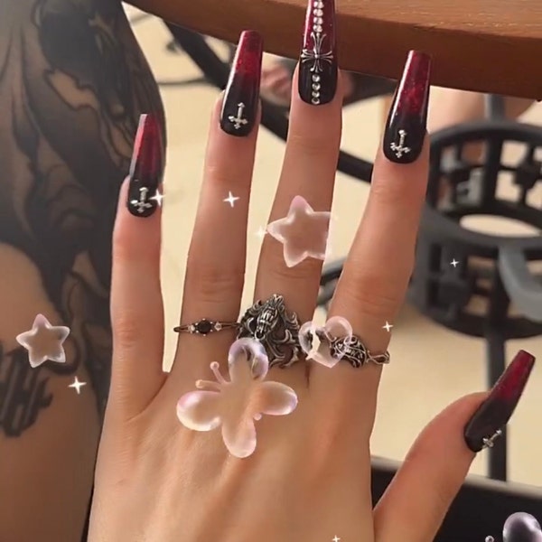 Black and Dark Glitter Red Ombre Gothic Cross Press on Nails | Glue on ...