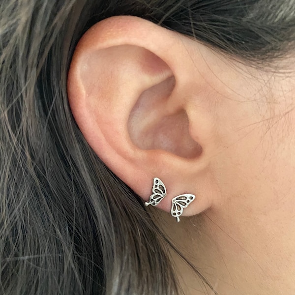 Tiny Butterfly Wing Earrings in Sterling Silver, Butterfly Earrings ...