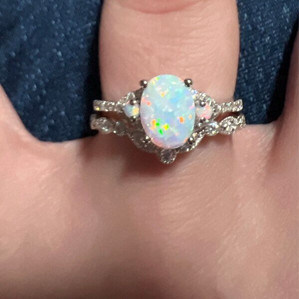 Oval Cut White Opal Ring Set 2pcs White Gold Vintage Fire Opal ...