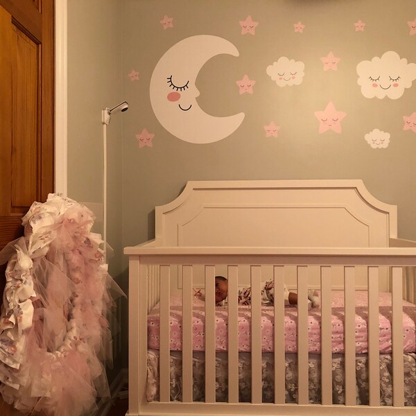 MOON, STARS, CLOUDS Sleep Wall Stickers Pack Decal Art Pastel Grey Pink ...