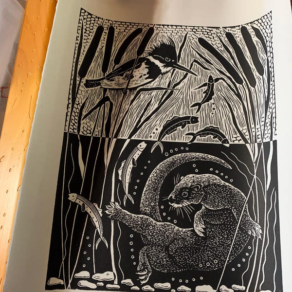 The River Ballet Linocut in Blue,otter Linocut,kingfisher Linocut ...