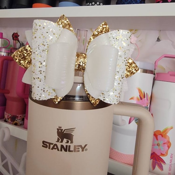 Cream Moon Stanley Tumbler Bow Topper Gold and Cream Straw Topper Bow ...