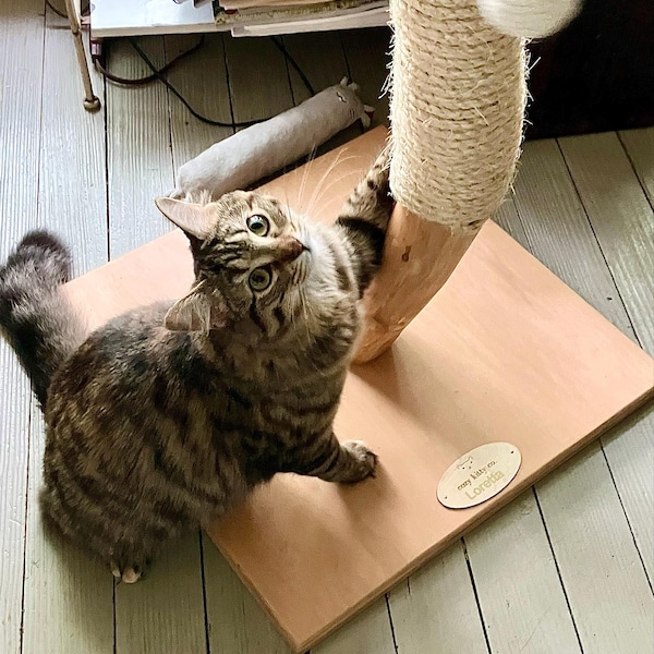 Natural, Handmade Custom Name Sisal Cat Scratching Post Condo With Fur Perch + Sisal Toy - Warm ...