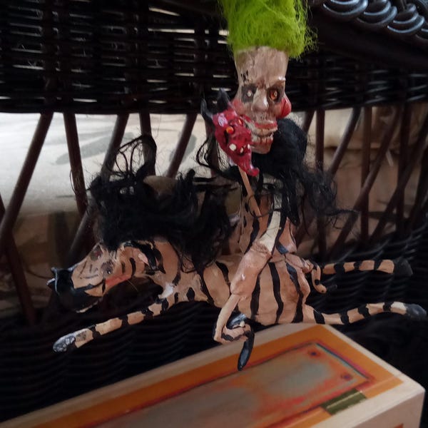 Handmade Paper Mache Creepy Halloween Witch Relaxing on Spooky Crescent ...