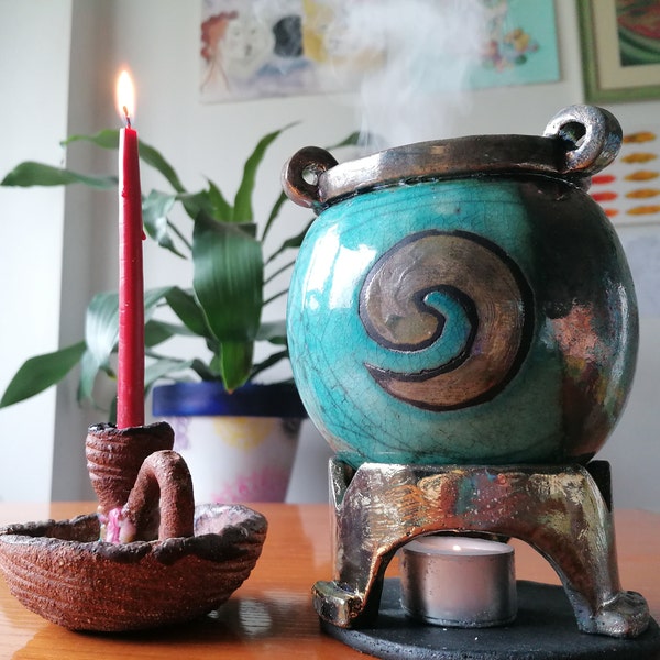 Raku Ceramic Witch Cauldron With Lid, Triple Goddess Pot for Magic ...