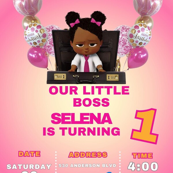 Editable Black Girl Baby Boss Girl Birthday Invitation | Boss Baby ...