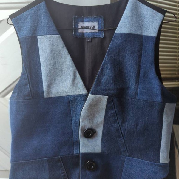 Patchwork Denim Vest – Reworked Upcycled Tie Front Jean Vest – Cropped ...