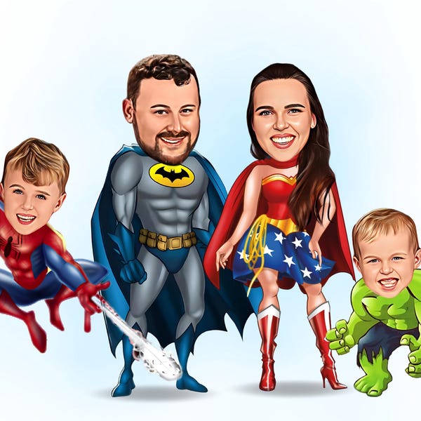 Custom Family Cartoon Portrait, Custom Family Portrait, Personalized ...