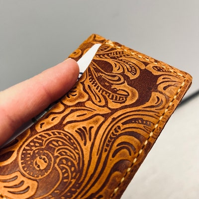 Embossed Leather Card Wallet, Minimalist Western Wallet, Hand Stitched ...