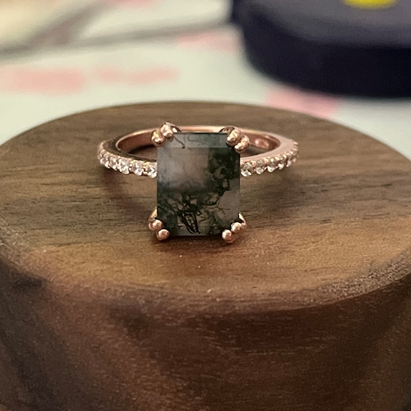 Natural Moss Agate Ring-emerald Cut Moss Agate Ring-gold-silver ...
