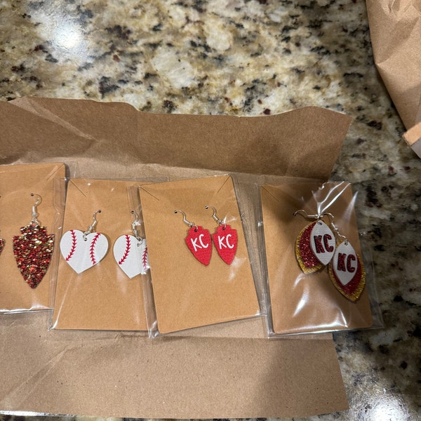 KC Chiefs Earrings, Leather KC Football Earrings, Kansas City Football ...