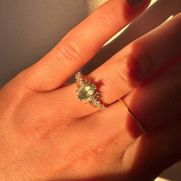 Flower Shaped Ring - Diamonds and Pear Cut Moss Agate Floral Engagement ...