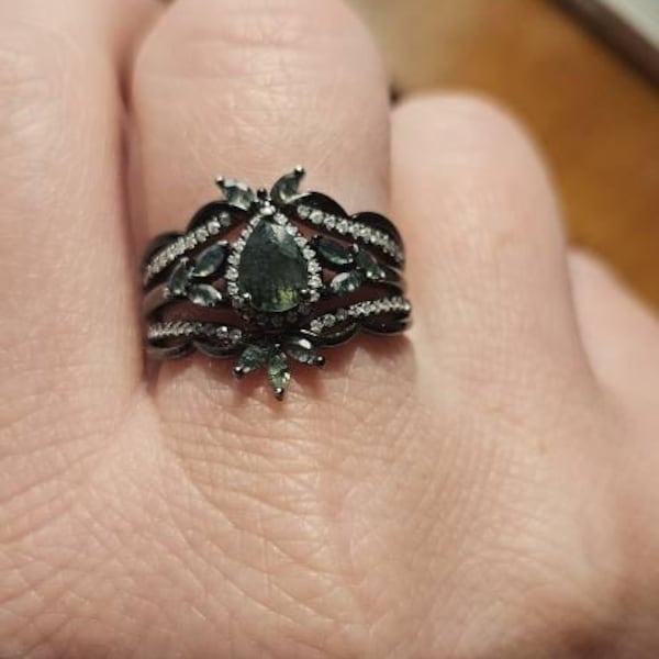 Gothic Pear Cut Garnet Engagement Ring Set 14K Black Gold Bridal ...