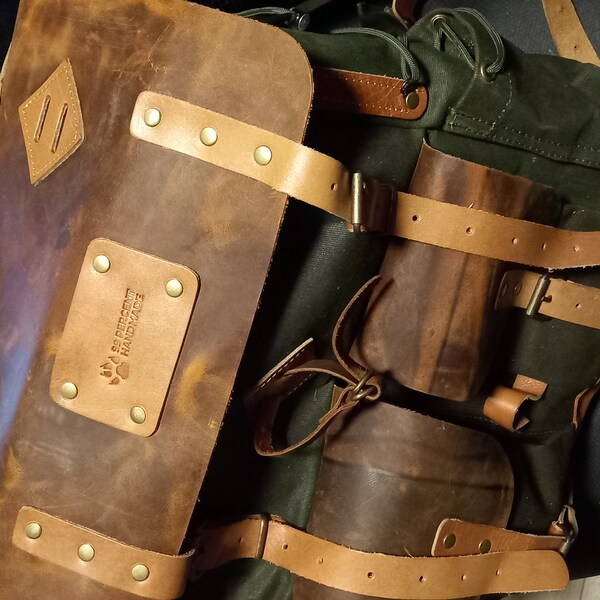 Black-brown-green | Bushcraft Handmade Waxed Canvas Backpack | 50 L ...