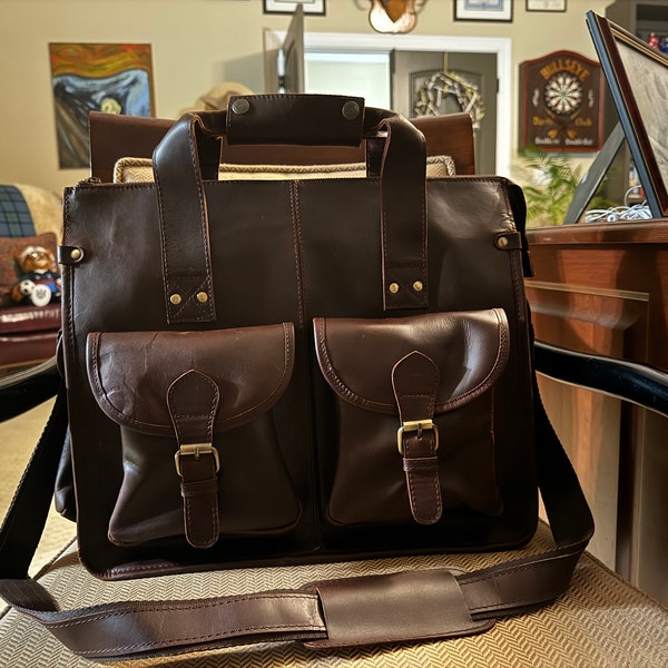 Personalized Large Leather Briefcase for Men, 17" Travel Leather ...