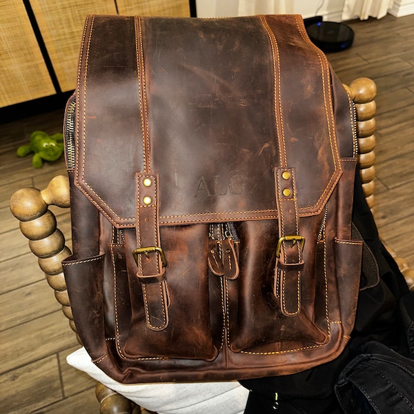 Leather School Backpack, College Gift, Office Travel Backpack Personalized Large Leather ...