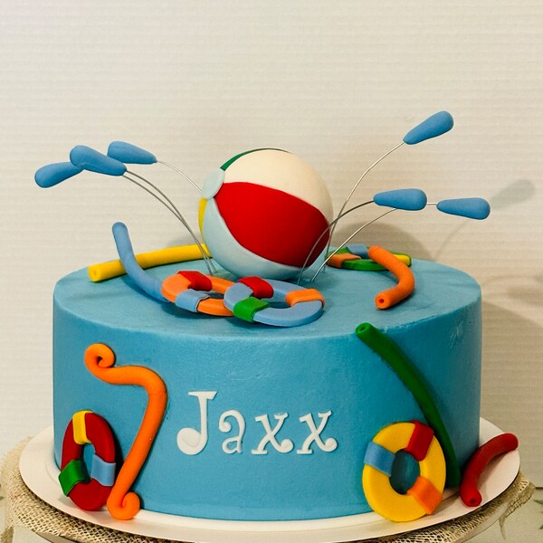 Big Beach Ball Fondant Pool Party Cake Toppers With Fondant Pool ...