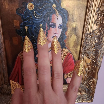 Full Armor Articulated Finger Claws Nails Ring Gold Set Style 2 ...