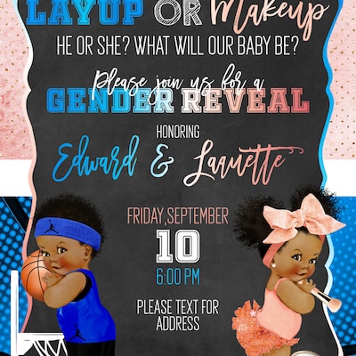 Layup or Makeup Gender Reveal Invitation Royal Blue and Rose Gold Pink ...