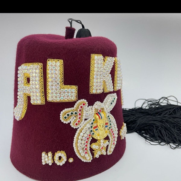Masonic Shriner Fez Hat Burgundy Color Four Line Rhinestone Hand ...