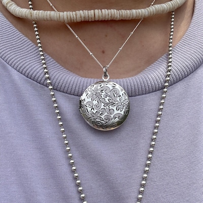 Antique Silver Locket Heart Locket Long Locket Layering Necklace Floral ...