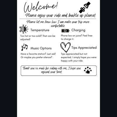 Uber Lyft Taxi Rideshare Sign Printable Editable Sign Uber Tip Sign ...