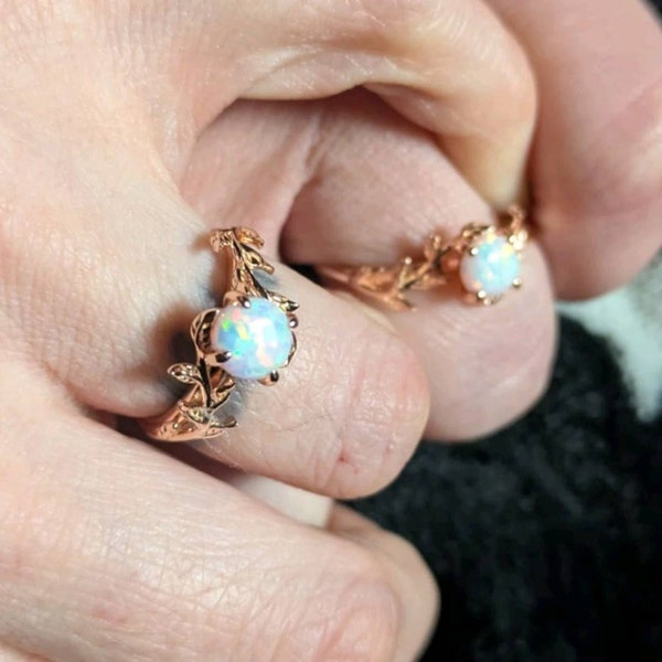 Unique Opal Engagement Ring,nature Inspired Opal Ring,branch Leaf Ring,sterling Silver Bridal ...